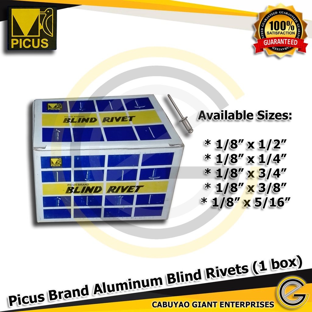 Picus Brand Aluminum Blind Rivets 1/8" x 1/2" | 1/4" | 3/4" | 3/8" | 5/ ...