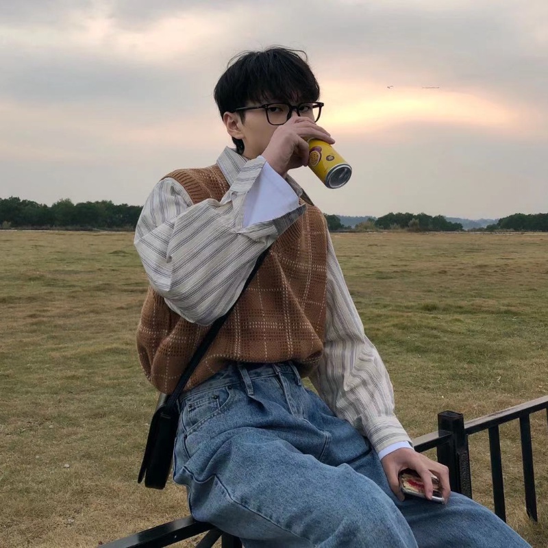 Brown Check Striped V-neck Vest Men's Simple Sleeveless Couple Sweater ...