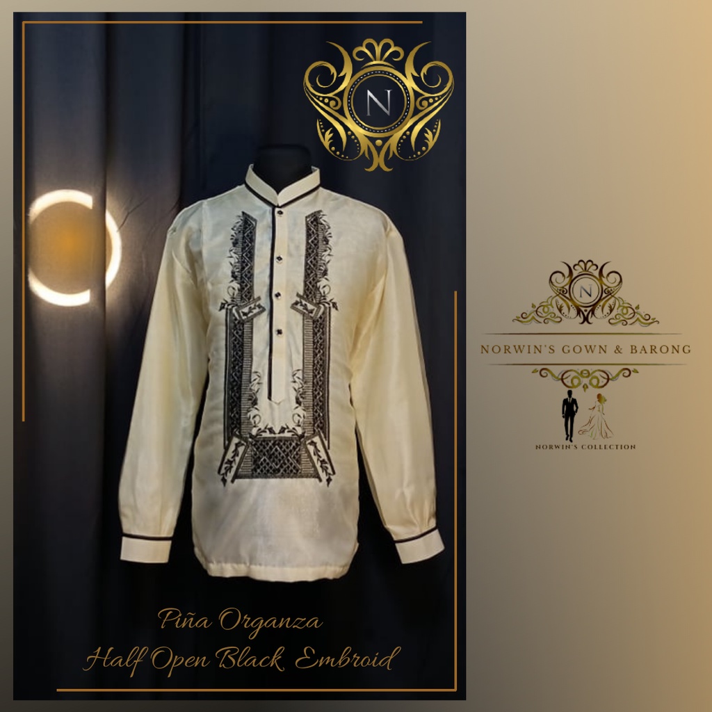 MODERN BARONG FOR MEN BLACK EMBROIDERY HALF OPEN CHINESE COLLAR ...