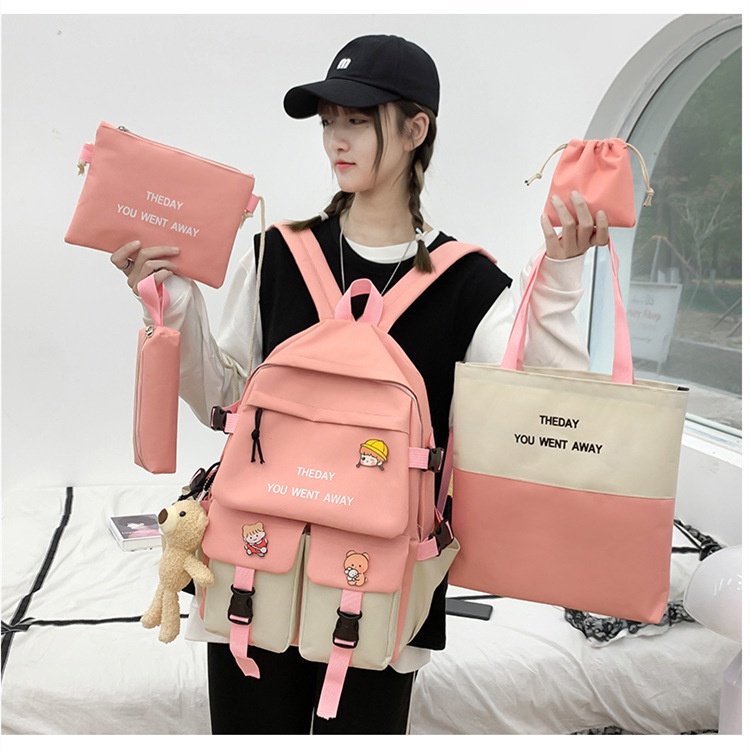 5 in 1 Piece Set Women Backpack Trend New Nylon Contrast Color School ...