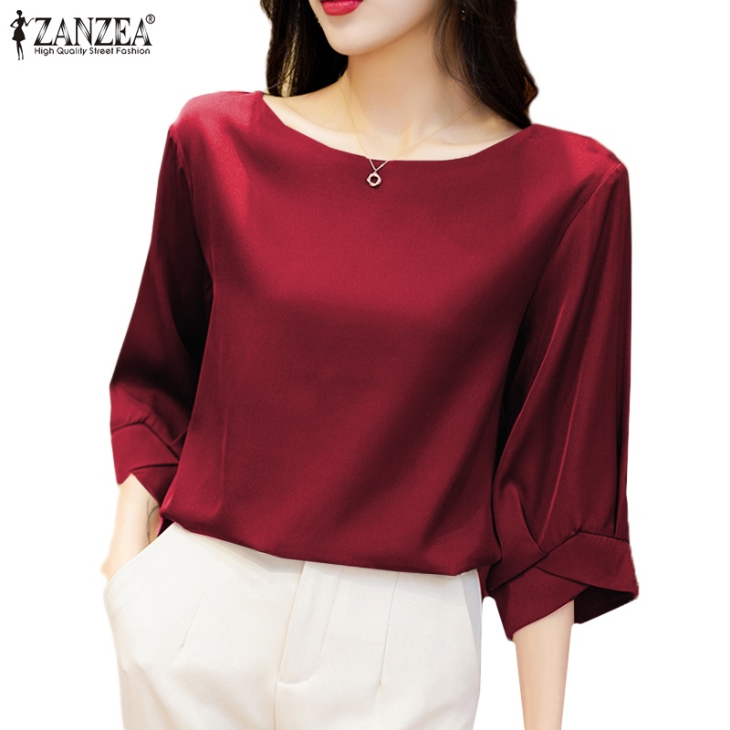 ZANZEA Women 3/4 Sleeved Tops Crew Neck Satin Baggy Solid Color Blouse ...