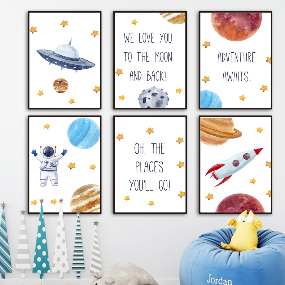 Planet Astronaut Rocket Motivational Quote Wall Art Canvas Painting ...