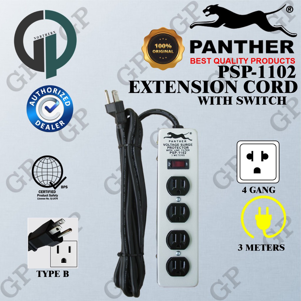 Panther Heavy Duty Extension Cord 3 meters (1-switch 4-outlet ) with ...