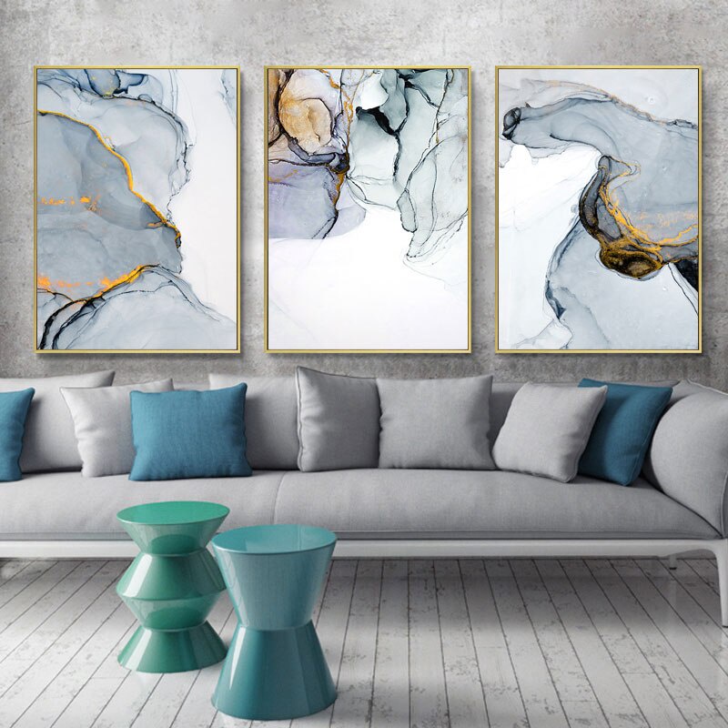 Nordic Morden Abstract Blue-gray Line Wall Art Canvas Painting Golden ...