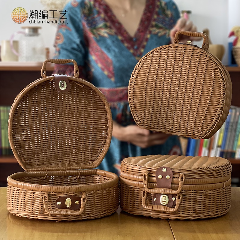 Pliable Round Retro Rattan Storage Box Decorable Gift Box Gift wrap ...