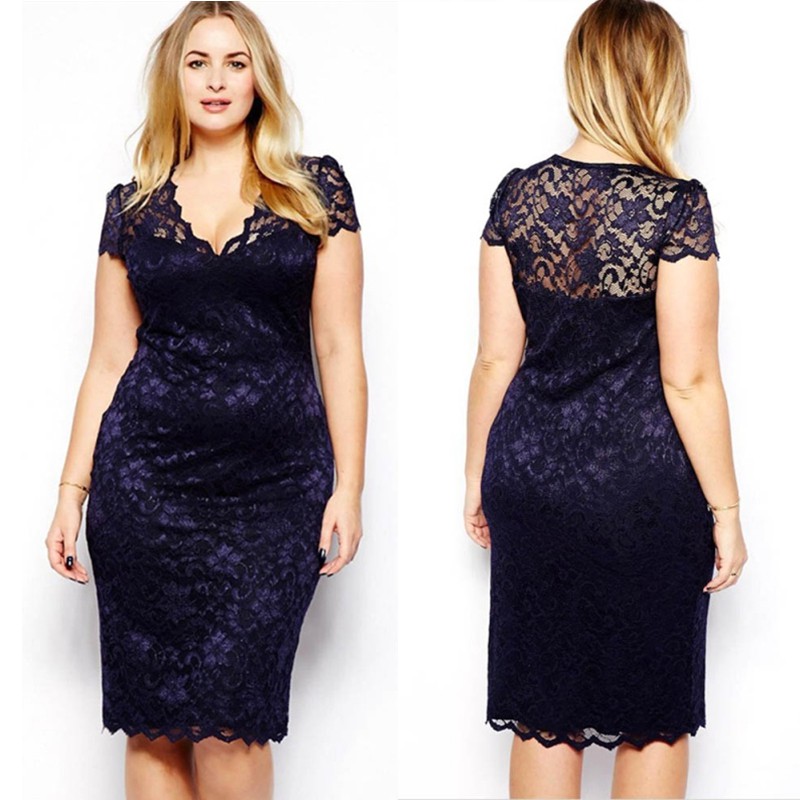 Plus Size Dress V Neck Short Sleeve Casual Lace Dresses M~3XL | Shopee ...