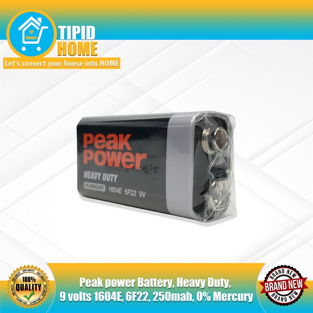 Peak power Battery, Heavy Duty, 9 volts 1604E, 6F22, 250mah, 0% Mercury ...