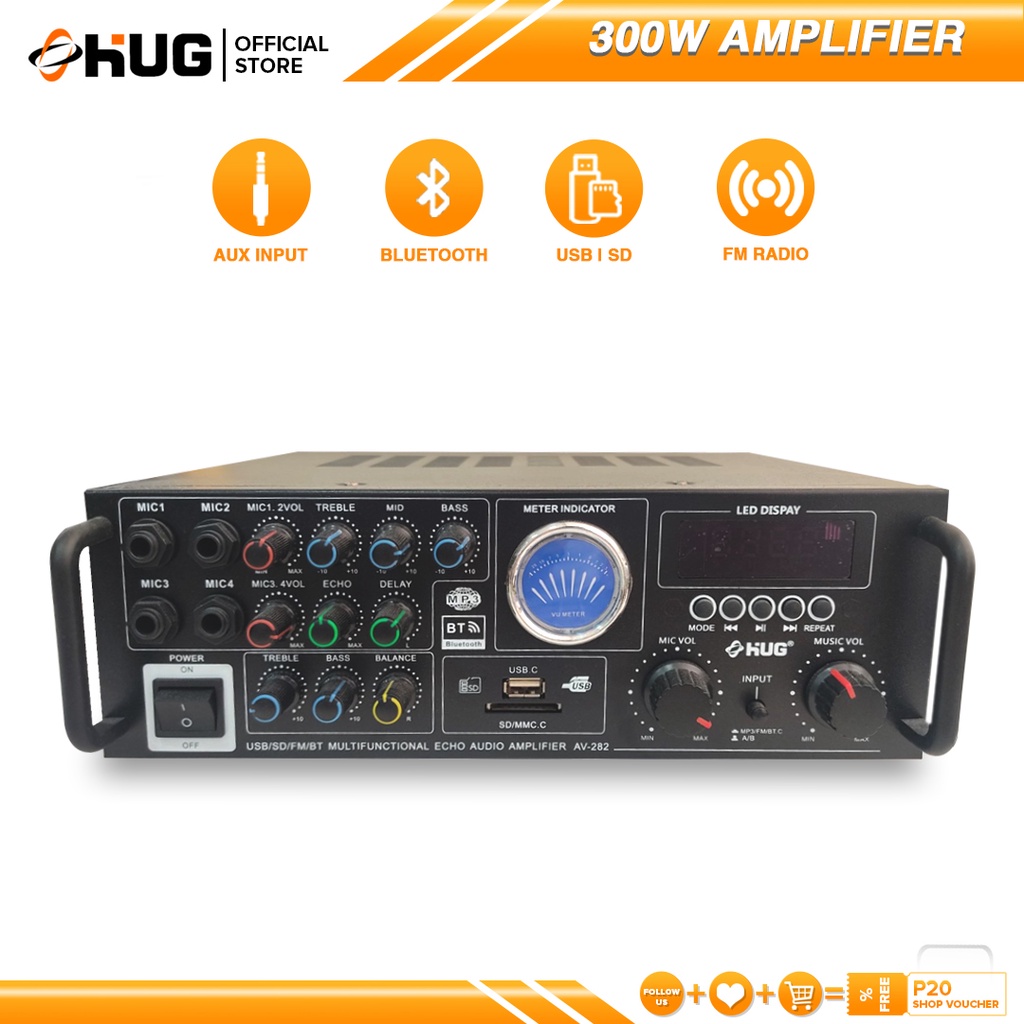 HUG 300 Watts 2 Channel Amplifier with Mixer, Equalizer, USB, Bluetooth ...