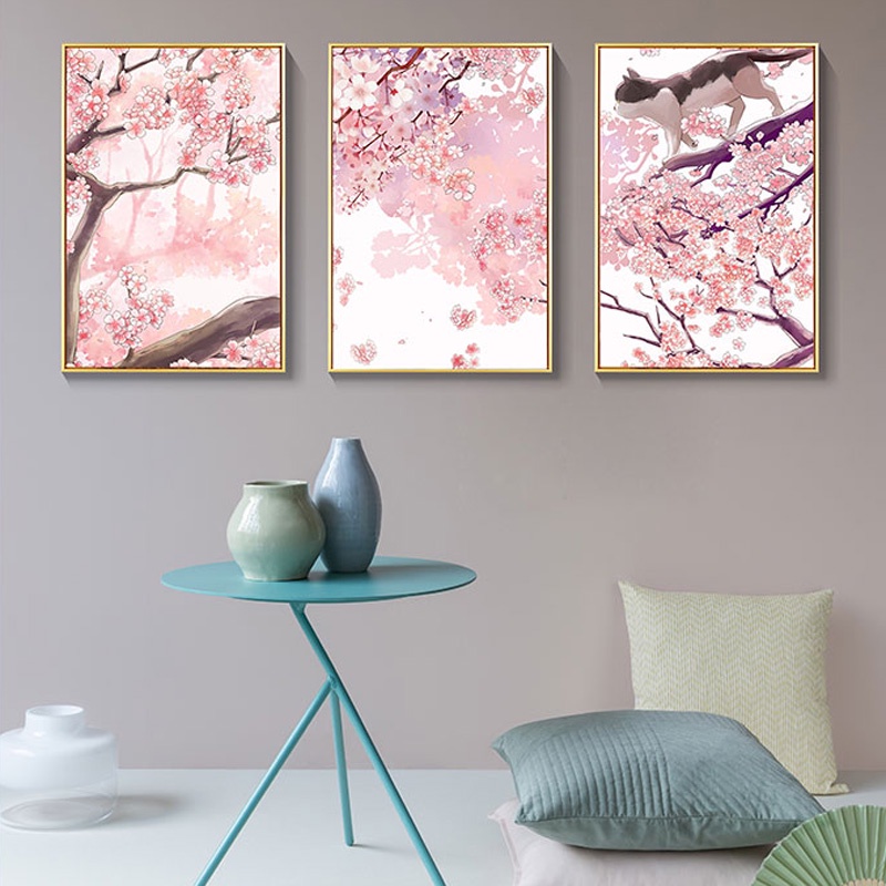 Wall Art Prints Poster Cherry Blossom Landscape Canvas Painting Cat ...