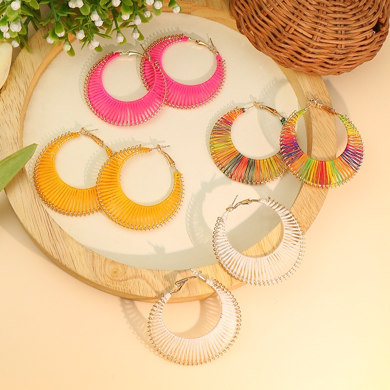 2022 Women Hollow Big Round Circle Hoop Earring Rainbow Raffia Winding ...