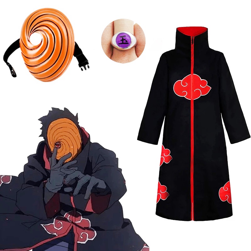 Anime Naruto Costume Uchiha Obito Tobi Akatsuki Cloak Mask Ring ...