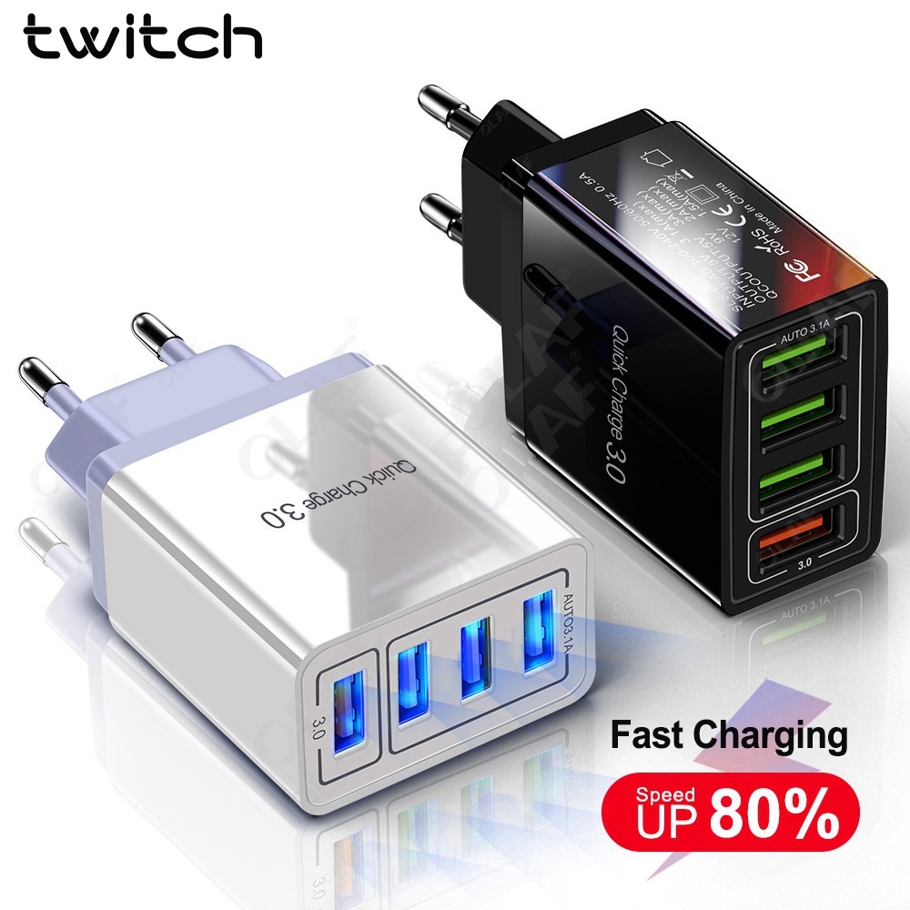 Twitch 4 Ports USB Charger Quick Charge 3.0 EU/US/UK Plug Wall Mobile ...
