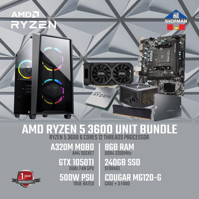 AMD PC Build Ryzen 5 3600 w/ GTX 1050Ti Desktop Computer System Package ...