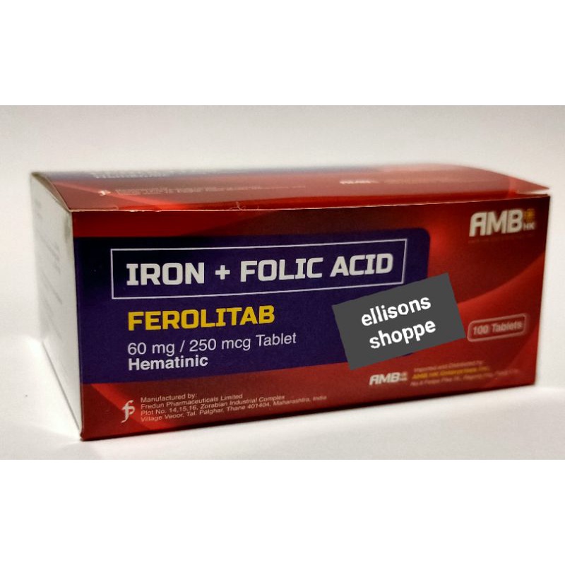Ferolitab Iron 60mg + Folic Acid 250mcg Vitamin Box of 100 Tablets ...