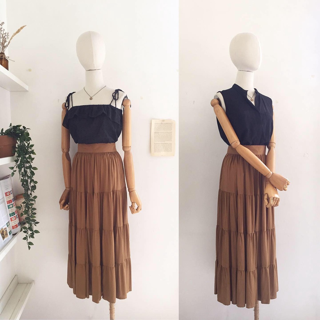 361/6 Tiered Maxi Skirt in Peanut Brown | Shopee Philippines