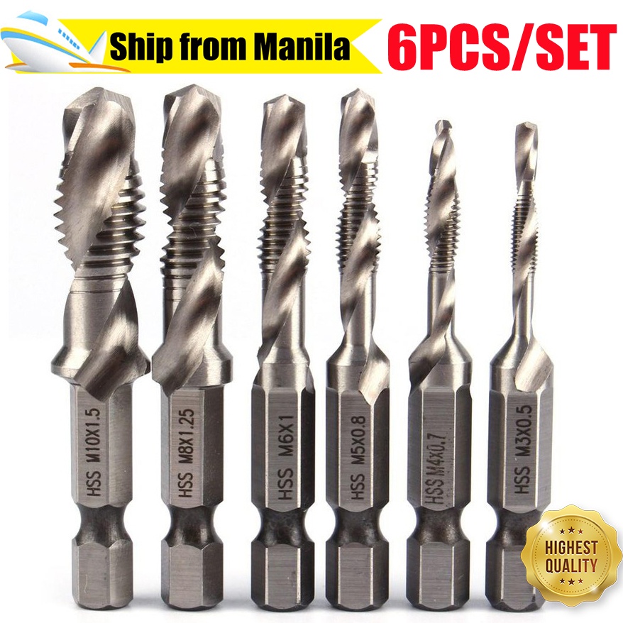 6PCS Tap Drill Titanium Plated Hex Shank HSS Screw Thread Metric Tap ...