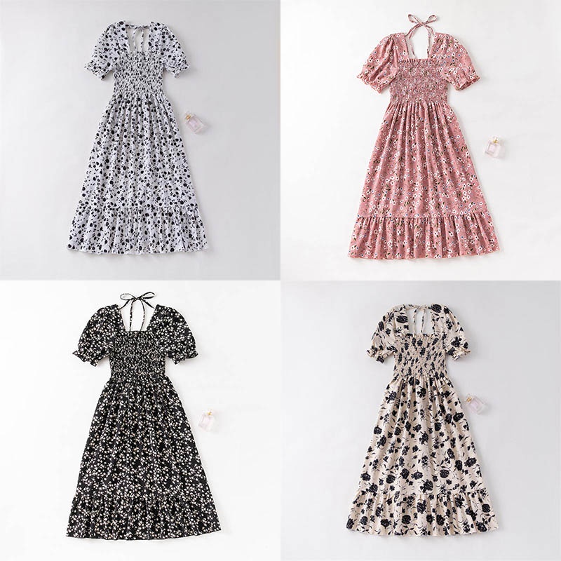 Ready stock summer A-line dress Short sleeve floral pleated chiffon ...