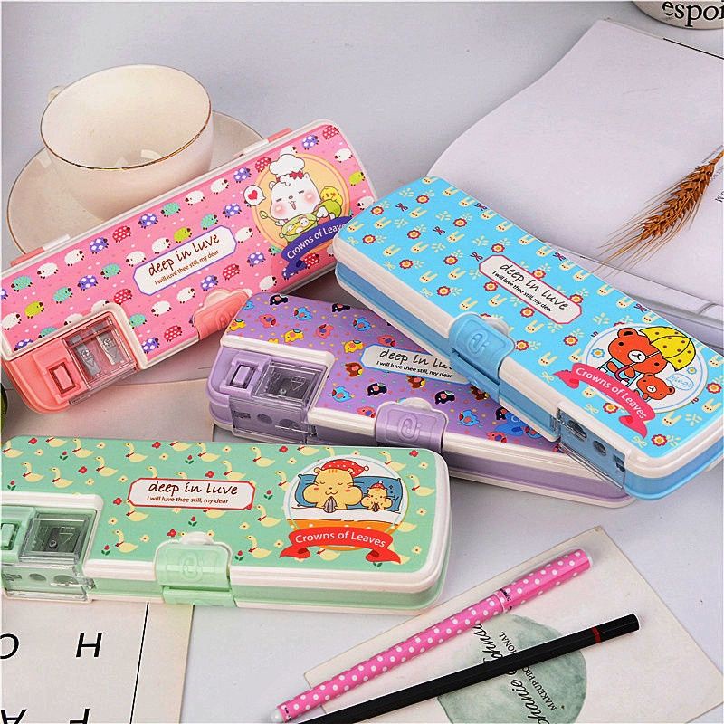 Kawaii multi-function double-layer pencil Cases plastic Case storage ...