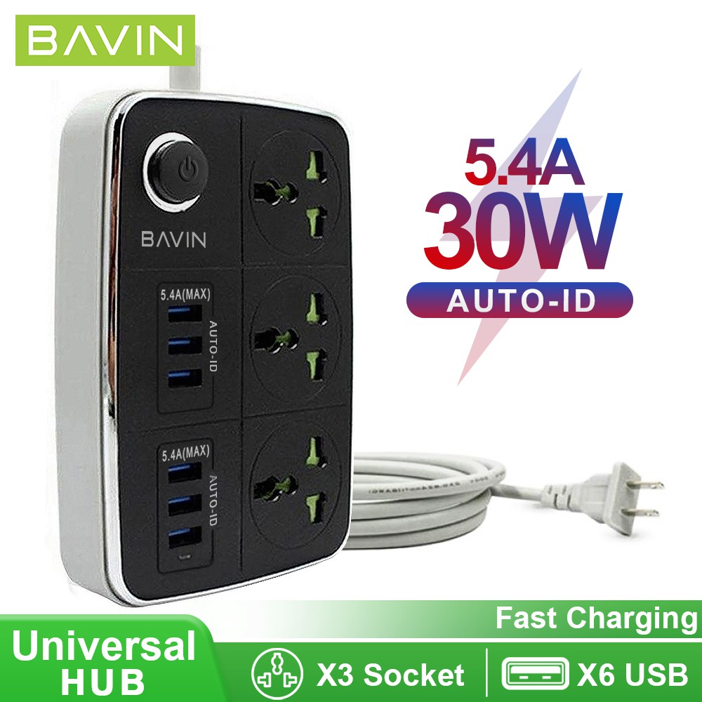 BAVIN 5.4A 6 Universal USB Port Charger HUB w/ 3 Power Socket USB ...