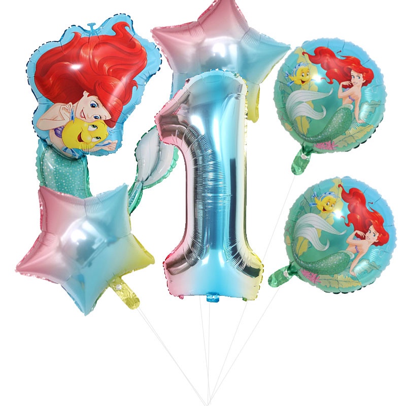 Cartoon Mermaid Princess Ariel Foil Balloons Set Gradient 0-9 Number ...