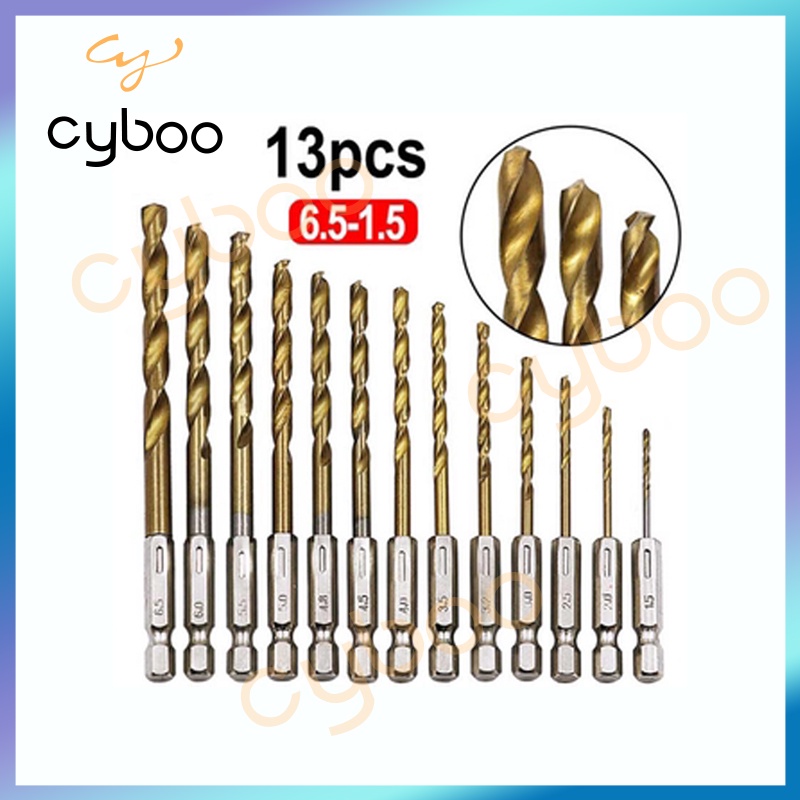 13 Pcs Titanium Twist Drill Bit Set HSS 1.5mm - 6.5mm Metric Round Shank Quick Change | Shopee ...