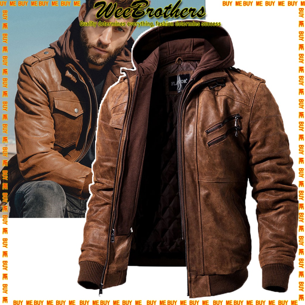 Motor Leather Jacket for Men Removable Hood Waterproof Coat Male Solid ...