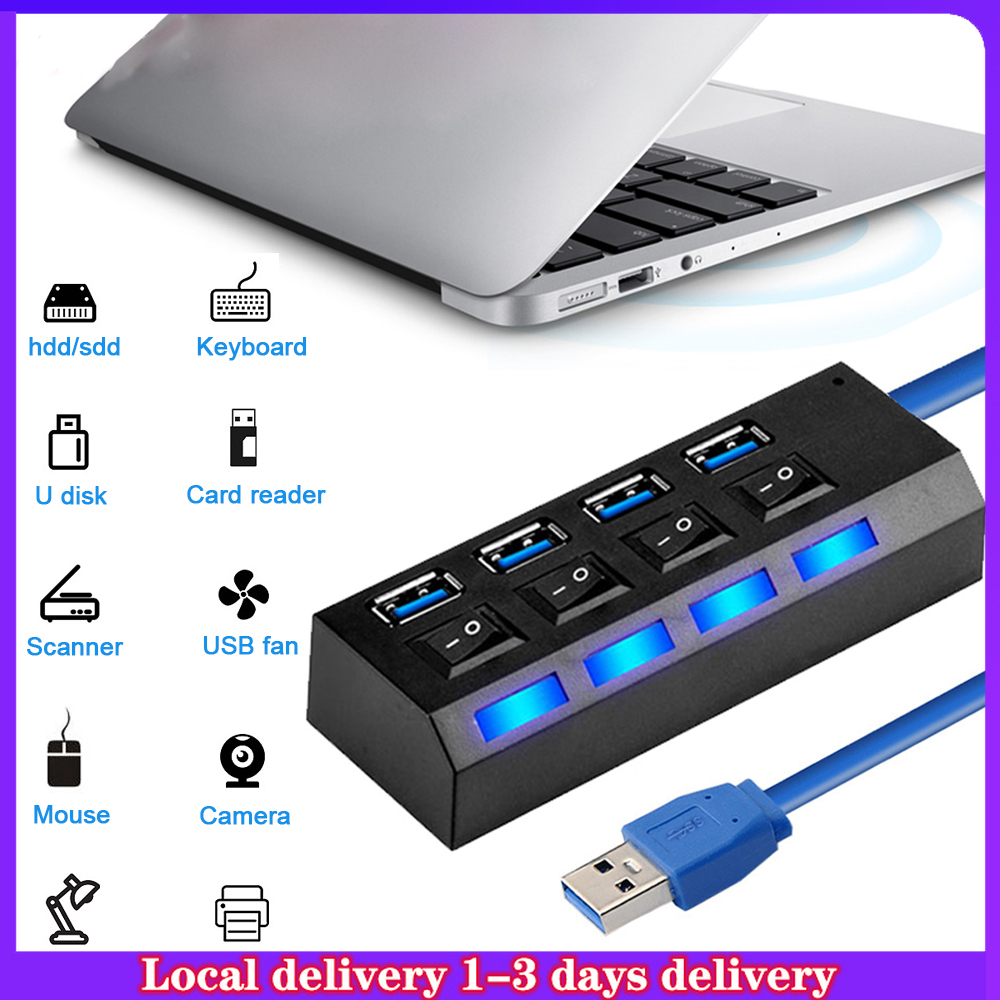 4 Ports USB Hub 2.0 Hub With LED Lights ON/OFF Switch for Laptop PC ...