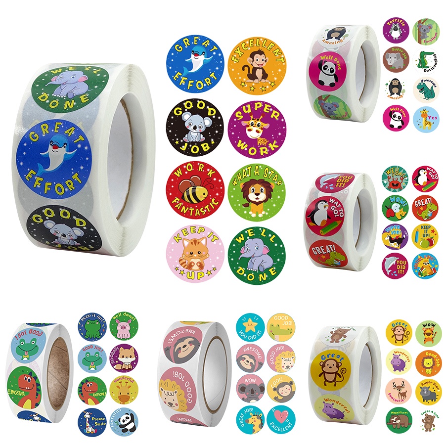 500 PCS/roll Reward Stickers Cute Cartoon Animal Encourage Labels ...