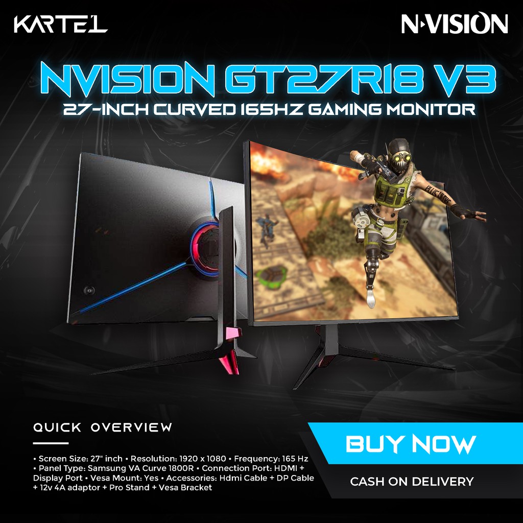 NVISION 27" GT27R18 V3 FRAMLESS CURVE 165hz LED GAMING MONITOR | Shopee ...