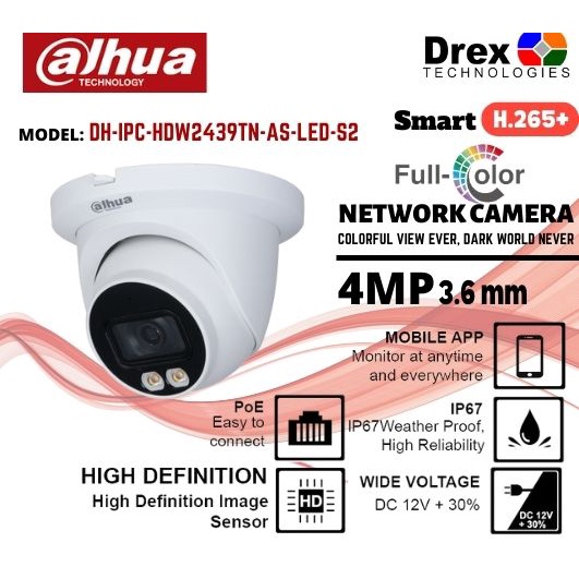 DAHUA DH-IPC-HDW2439TN-AS-LED-S2-LITE 4MP/3.6mm FULL-COLOR EYEBALL NETWORK CAMERA WITH BUILT-IN ...