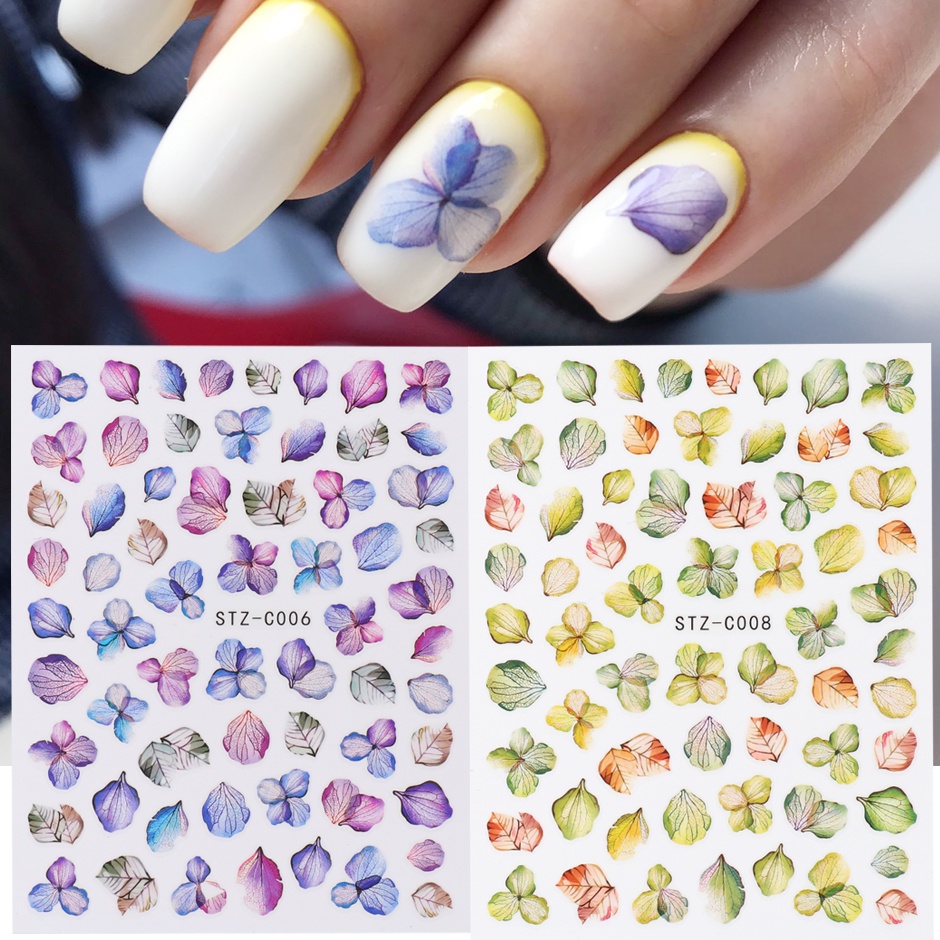 3D Flowers Nail Stickers Gradient Purple Blue Foral Leaf Petal Adhesive ...