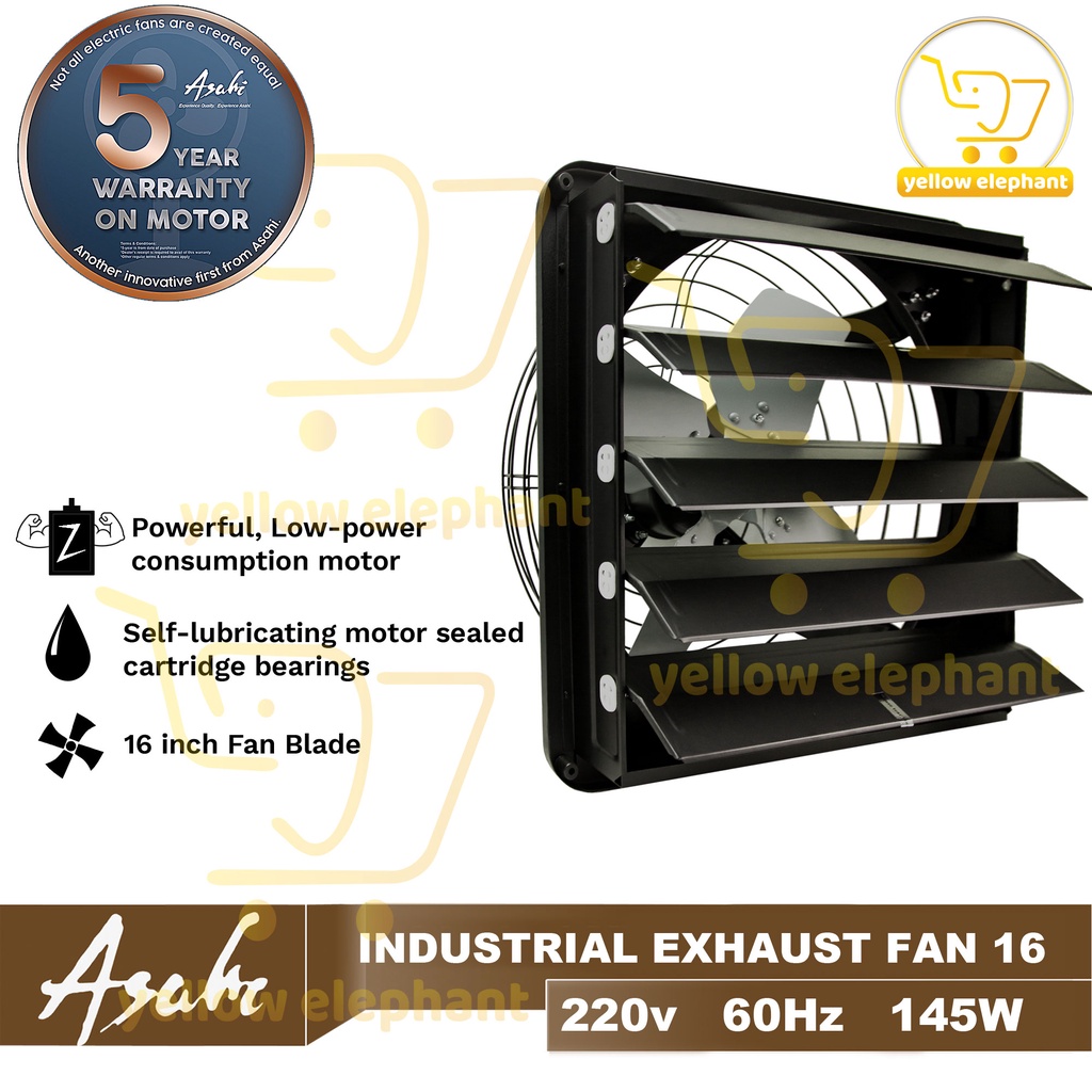 Asahi Industrial Exhaust Fan Auto Shutter 16" Blade, Grill Guard, Self ...