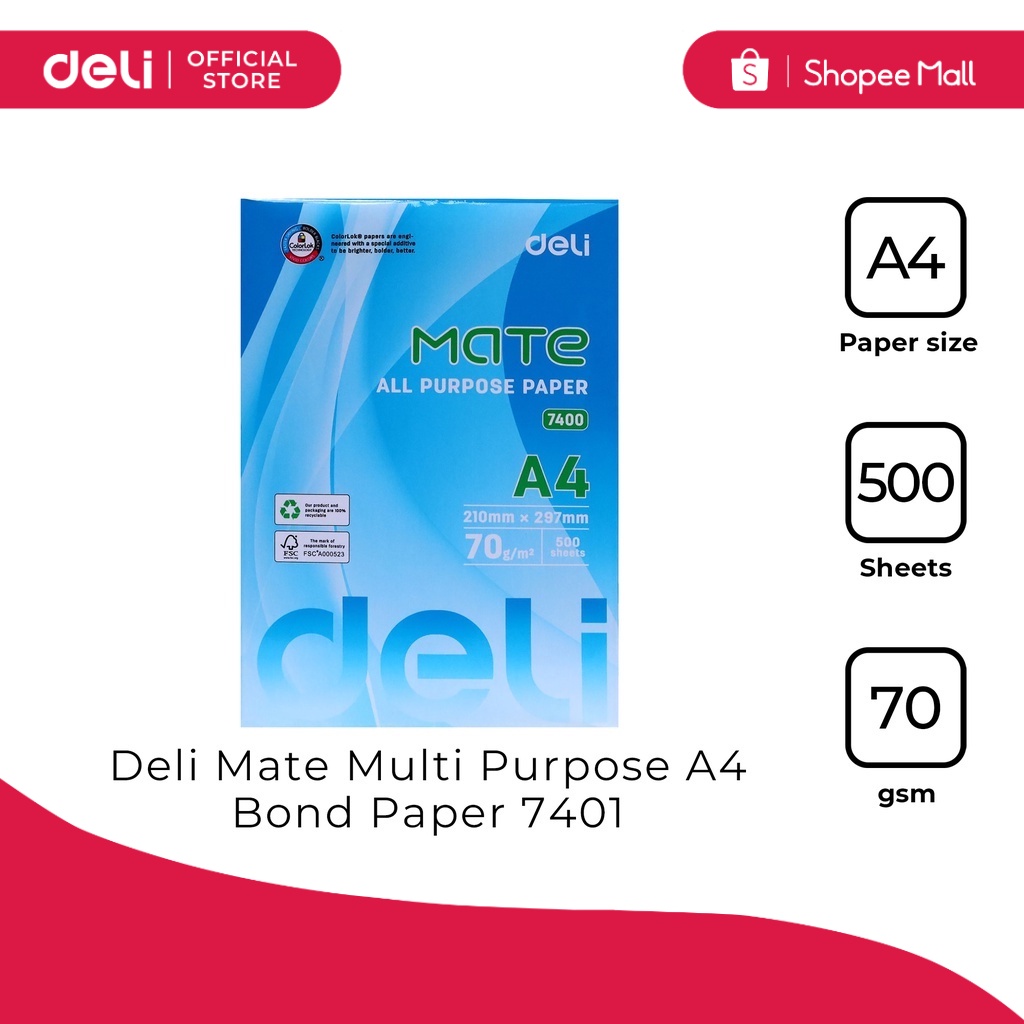 Deli 7401 Mate Multi Purpose A4 Bond Paper 1 Ream (Max. 20 reams per ...