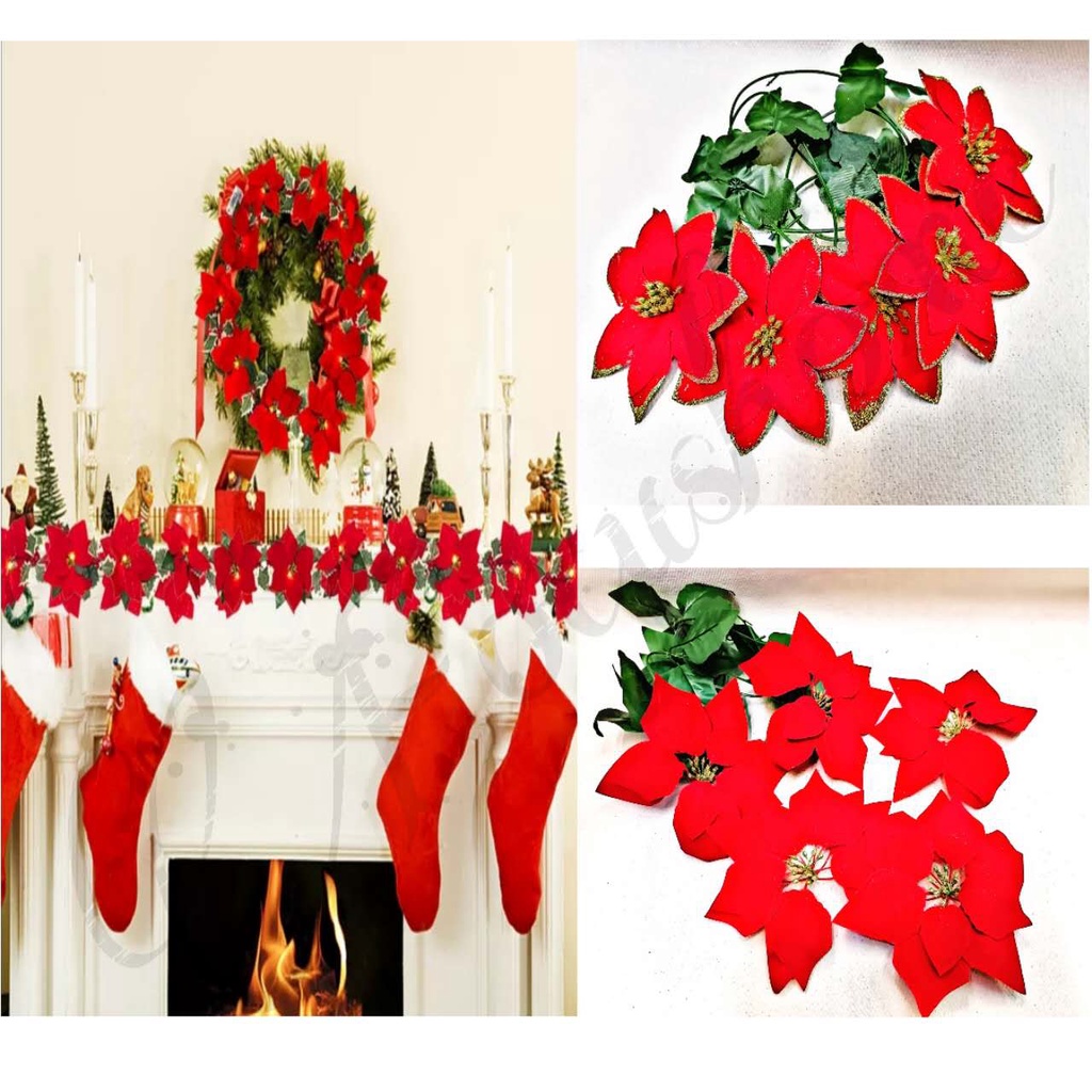 Artificial Poinsettia Flower Garland with Green Holly Leaves for Xmas ...