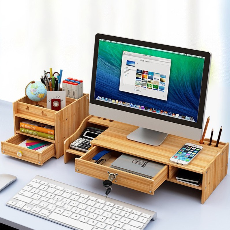 Wood Computer Monitor Stand Raiser Black with Storage Shelf and PC ...