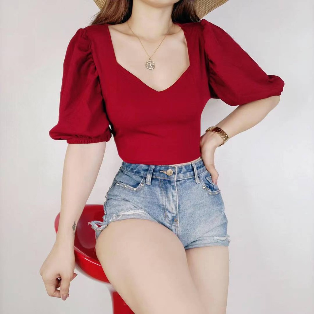 Kily Ph Puff Sleeve Plain Crop Top Oversized Square Neck Tops 6a0110