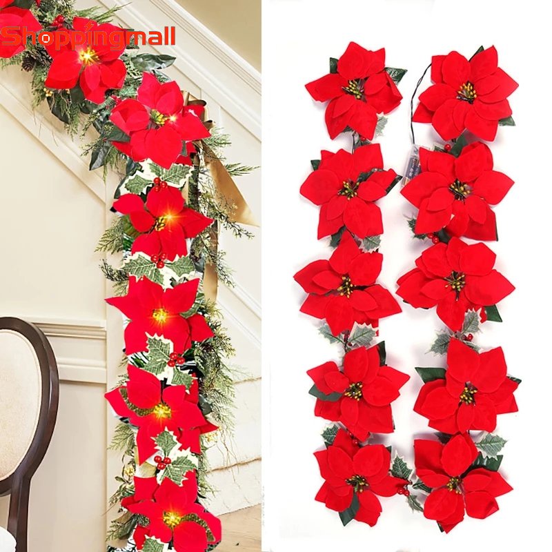 2M 10LED Christmas Flower Garland Artificial Poinsettia Christmas Tree ...