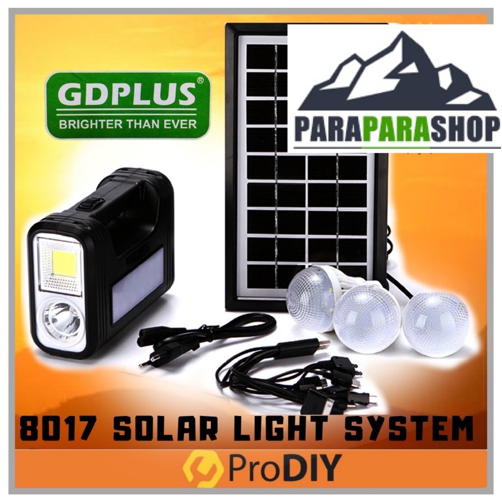 GDPLUS 8017-2 home Emergency lamp with 3 Led bulbs Portable Solar lighting system set (black ...