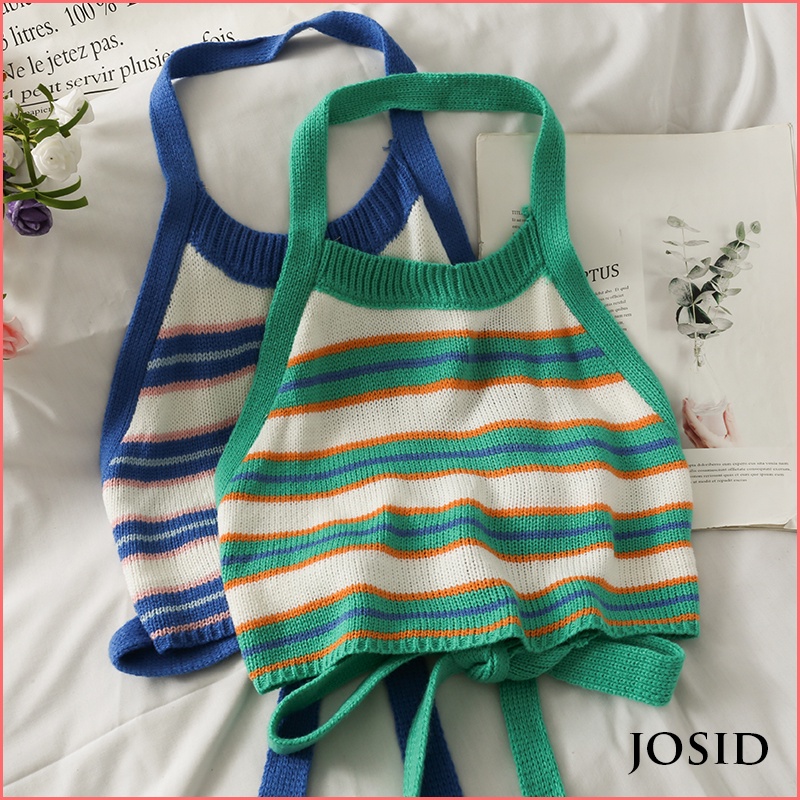 【High Quality】Women's sexy striped halter camisole halter neck knitted ...
