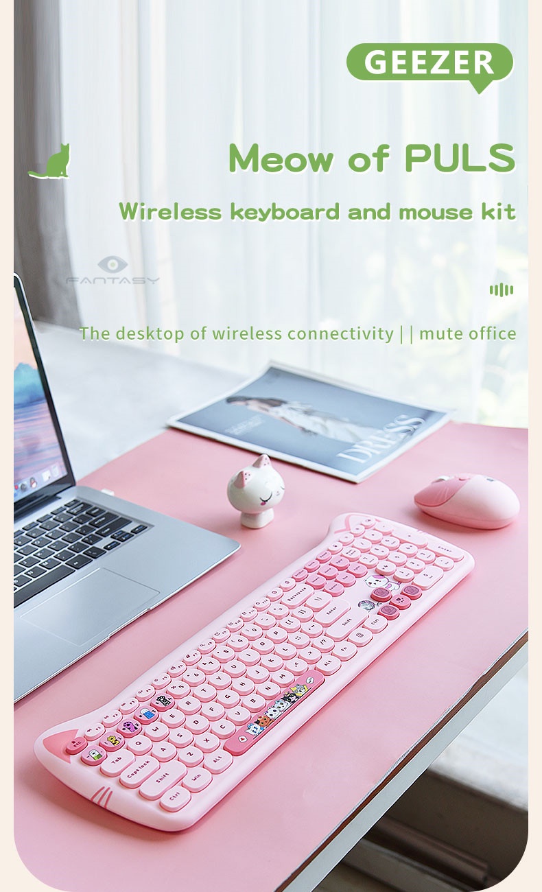 MOFii GEEZER Kitty Cat PLUS Super Cute Wireless Keyboard and Mouse Set ...