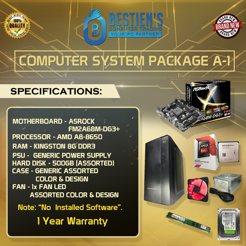 COMPUTER SYSTEM UNIT PACKAGE A-1, AMD A8-8650 & Asrock FM2A68-DG3+, ALL ...