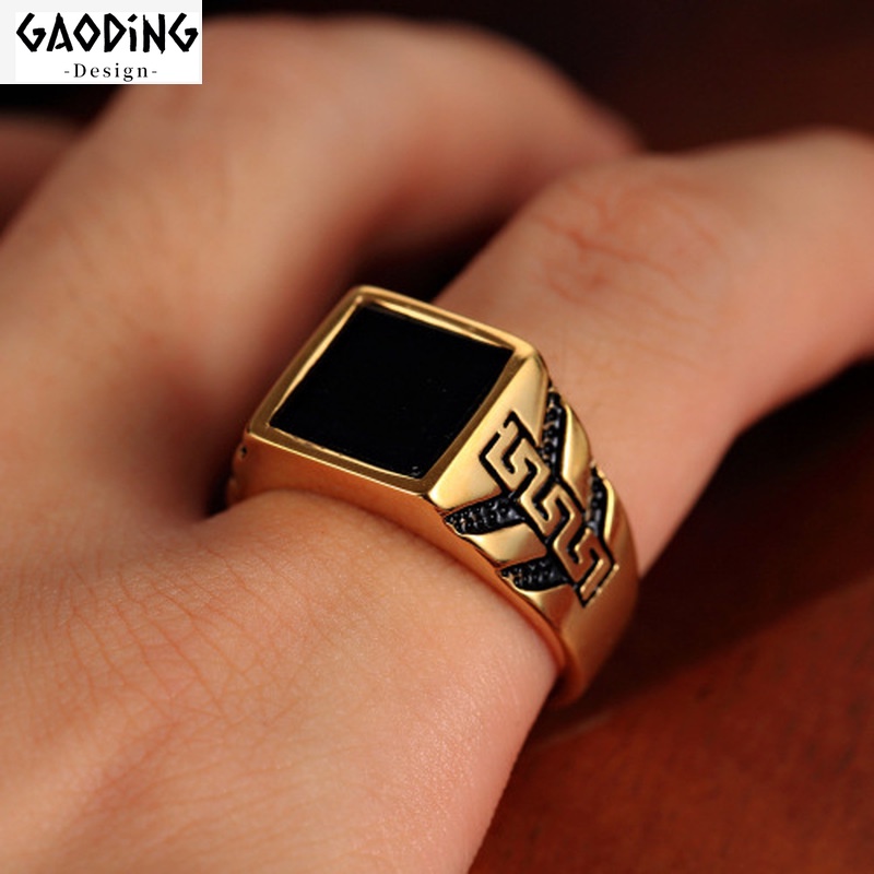 New Men's Natural Stone Ring Luxury Obsidian Rings Vintage Gold Plated ...