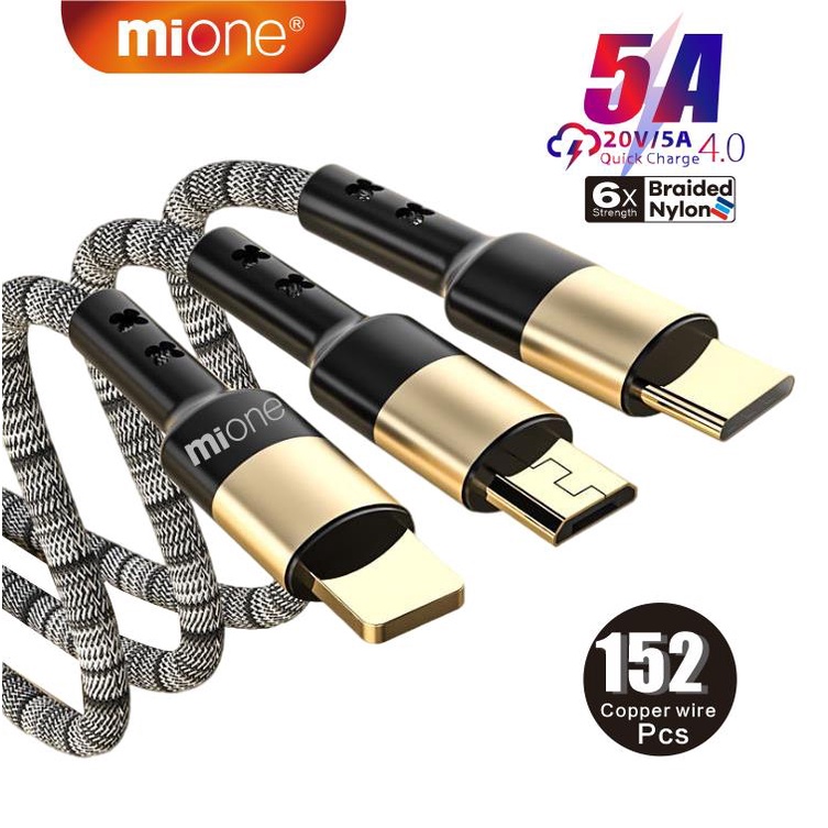 Mione 5A Golden Plating 3 In 1 Fast Charger Cable 2m USB Type C Micro ...