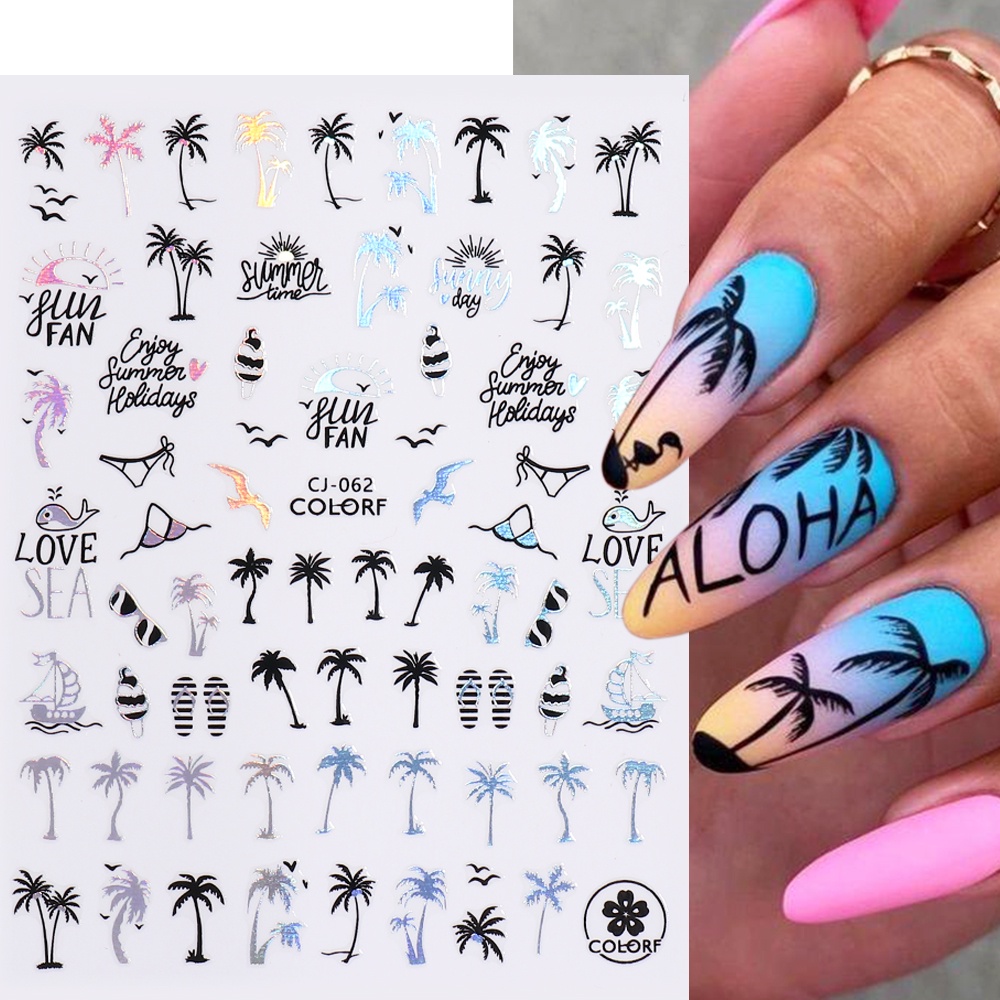 Coconut Tree Nail Sticker Holographic Palm Leaf Fruits Summer Sliders ...