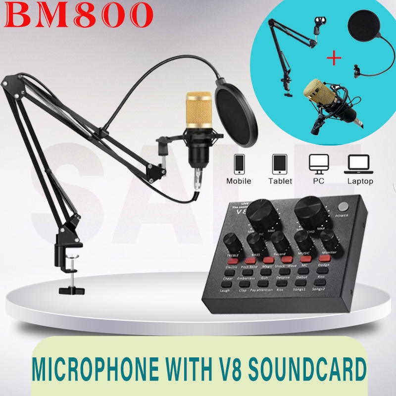 Original BM-800 condenser microphone with v8 soundcard Multifunctional Live Sound Card v8 mic ...