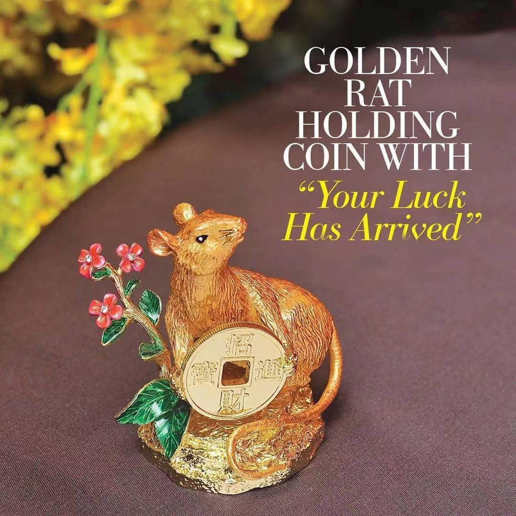 GOLDEN RAT HOLDING COIN WITH "YOUR LUCK HAS ARRIVED" Fengshui Charm ...