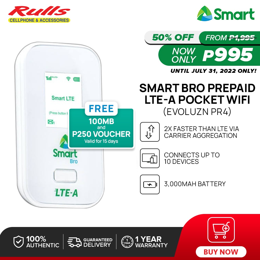 Smart Bro Prepaid LTE-A Pocket WiFi CAT 6 (EVOLUZN PR4) with FREE 100MB and P250 Bro Voucher ...