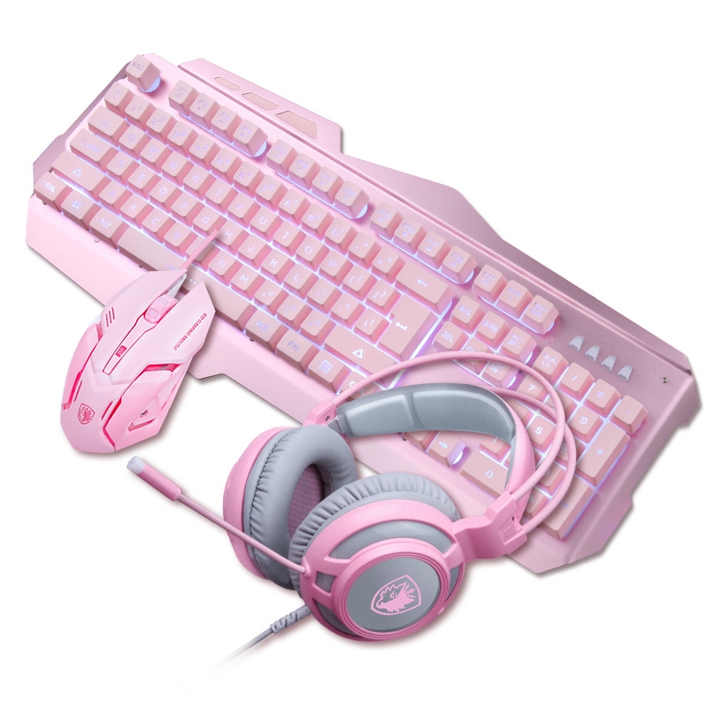 Pink girl manipulator feel keyboard and mouse set headset three-piece ...