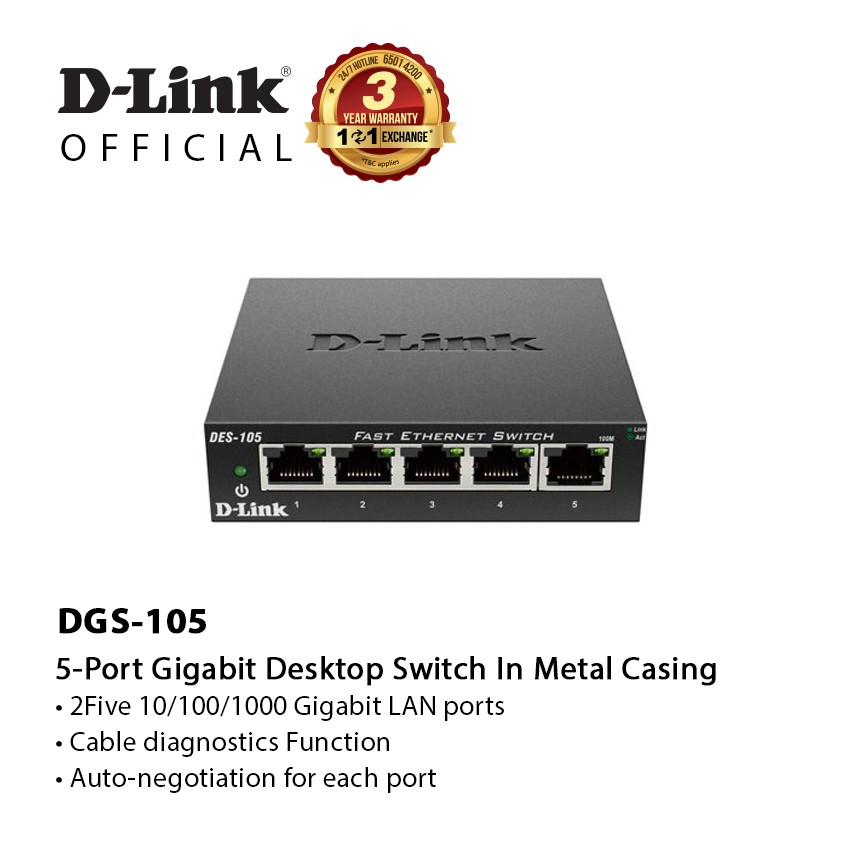 D-Link DGS-105 5-Port Gigabit Desktop Switch In Metal Casing | Shopee ...