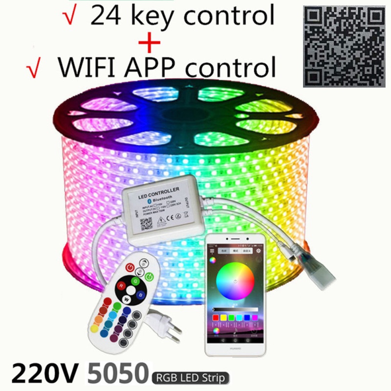 10 Meters LED Strip Light Waterproof 220V RGB Remote control SMD 5050 ...